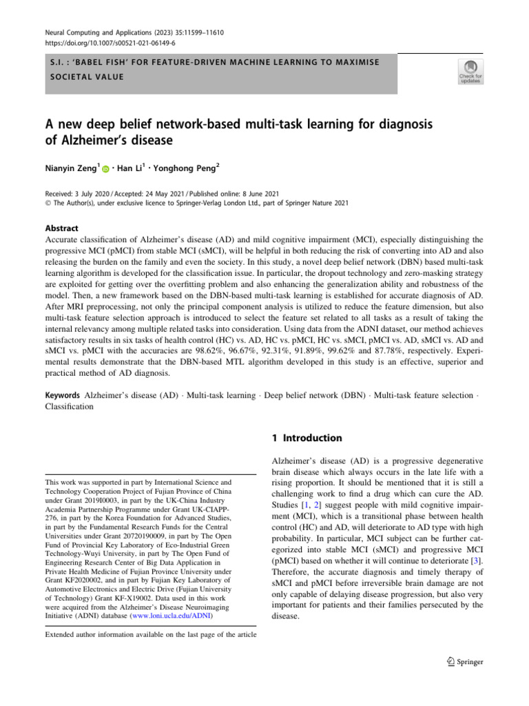 2021 - A New Deep Belief Network-Based Multi-Task Learning For Diagnosis of Alzheimer's Disease ...