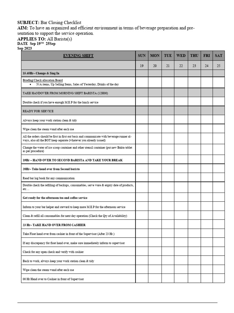 Bar Closing Duties Checklist | PDF | Refrigerator | Washing Machine
