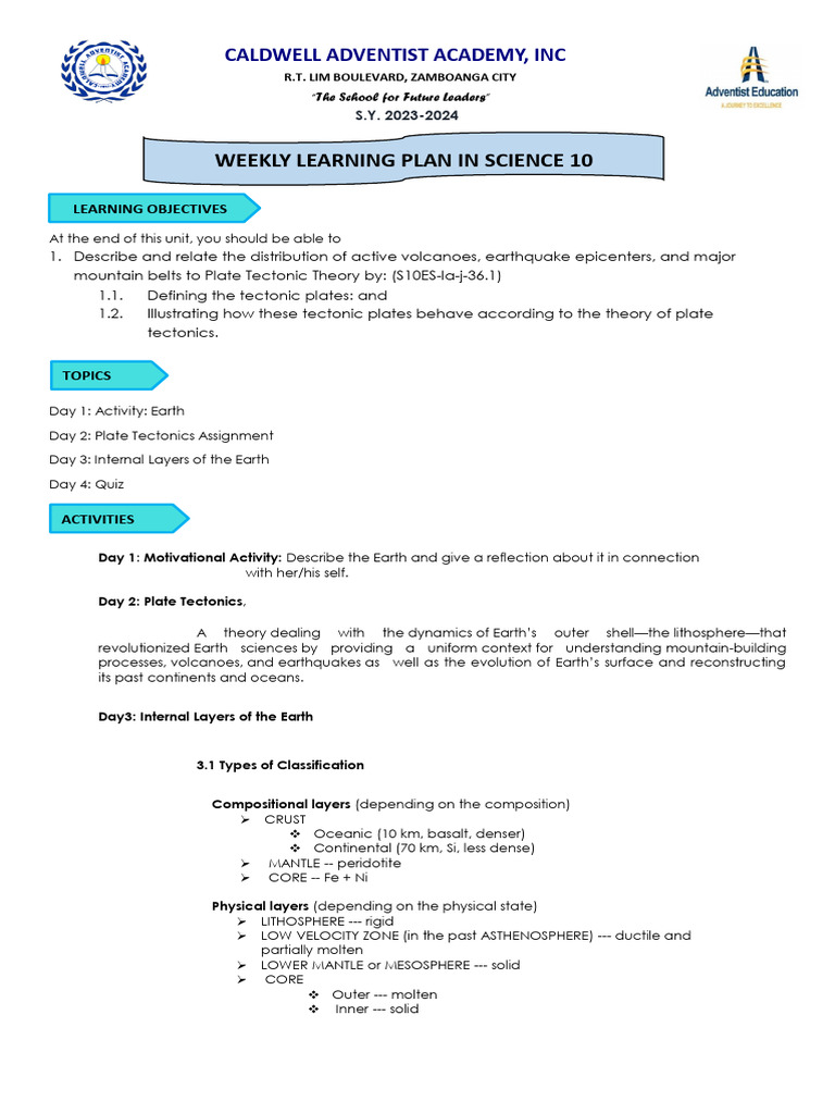 SCIENCE 10 Lesson plan-WEEK 1 | PDF | Plate Tectonics | Earth