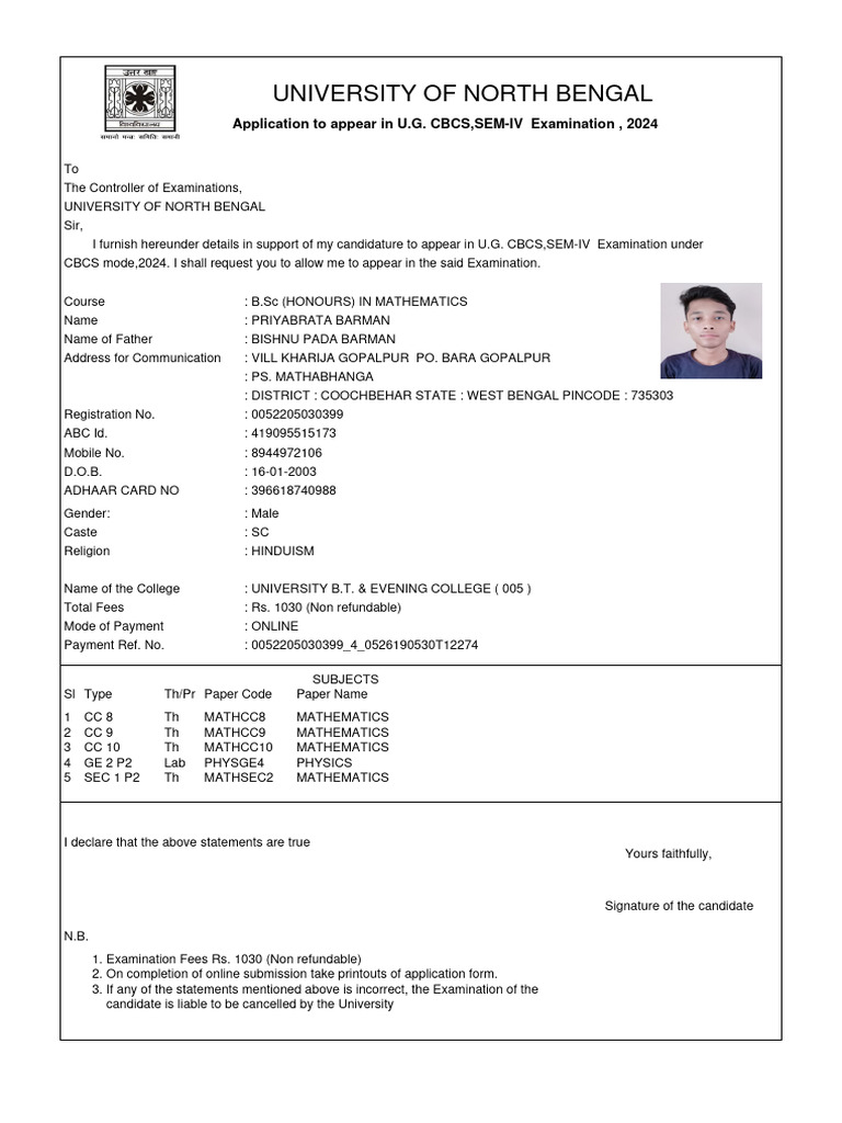 University of North Bengal: Application To Appear in U.G. CBCS, SEM-IV Examination, 2024 | PDF