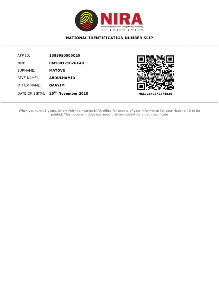 Matovu Abdulhamid Qaasim's NIN Slip | PDF