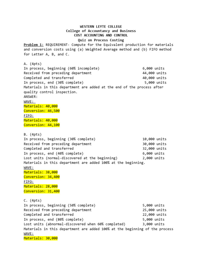 Process-Costing-Quiz-Answer-key-with-revision.docx | PDF | Inventory | Business Economics