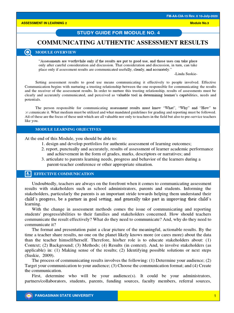 Assessment in Learning 2-Study Guide 4 | PDF | Educational Assessment ...