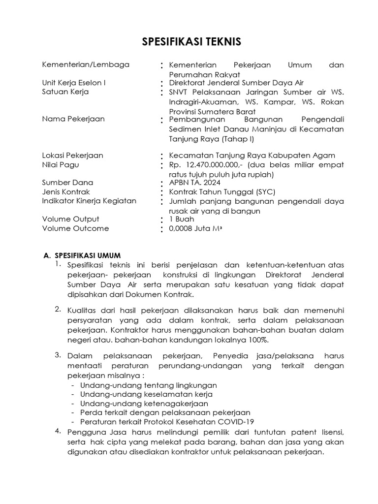 Spesifikasi Konstruksi Danau Maninjau | PDF