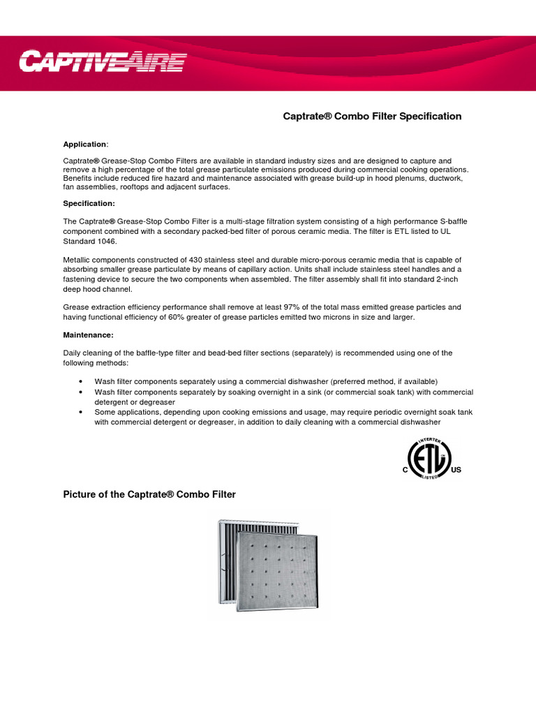 Captrate Combo Filter | PDF | Filtration | Duct (Flow)