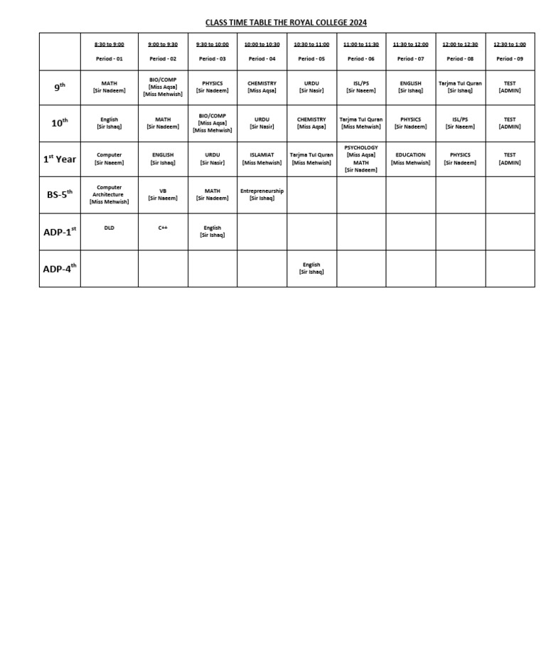 Class Time Table The Royal College 2024 | PDF