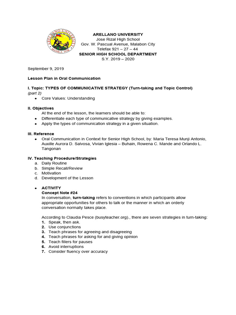 LP Types of Communicative Strategy | PDF | Communication | Lesson Plan