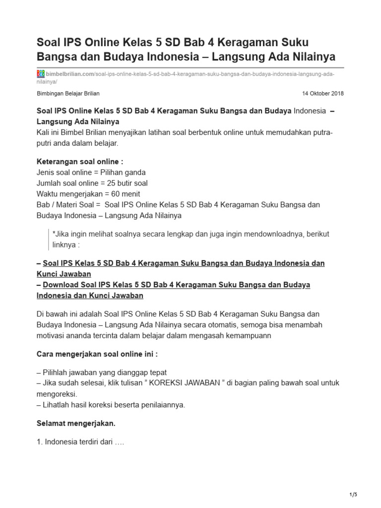 Soal IPS Online Kelas 5 SD Bab 4 Keragaman Suku Bangsa Dan Budaya ...