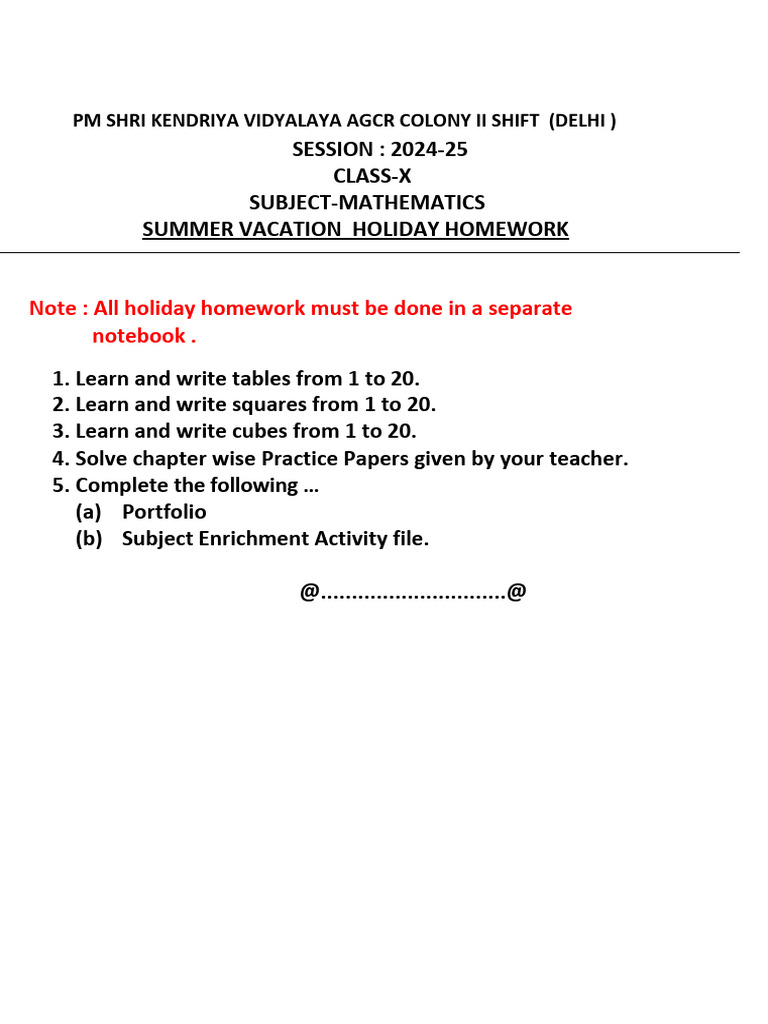 Class X Math Holiday Homework 2024 | PDF