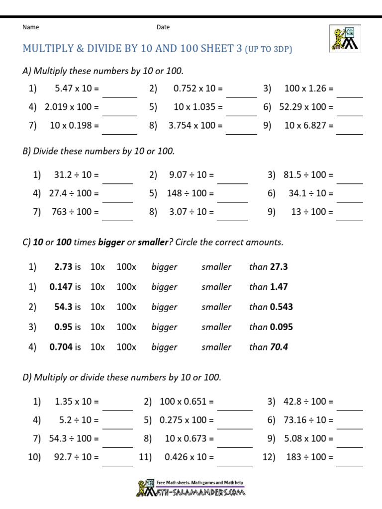 Multiply & Divide by 10 and 100 Worksheet | PDF