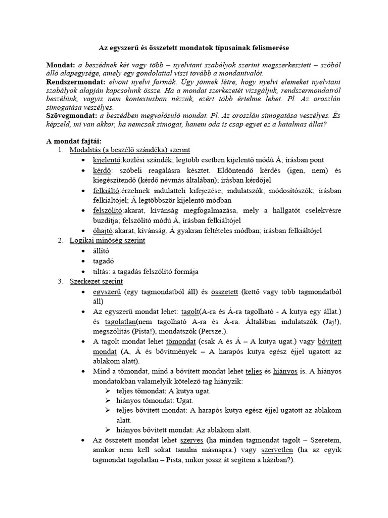 10az Egyszerű És Összetett Mondatok Típusainak Felismerése | PDF