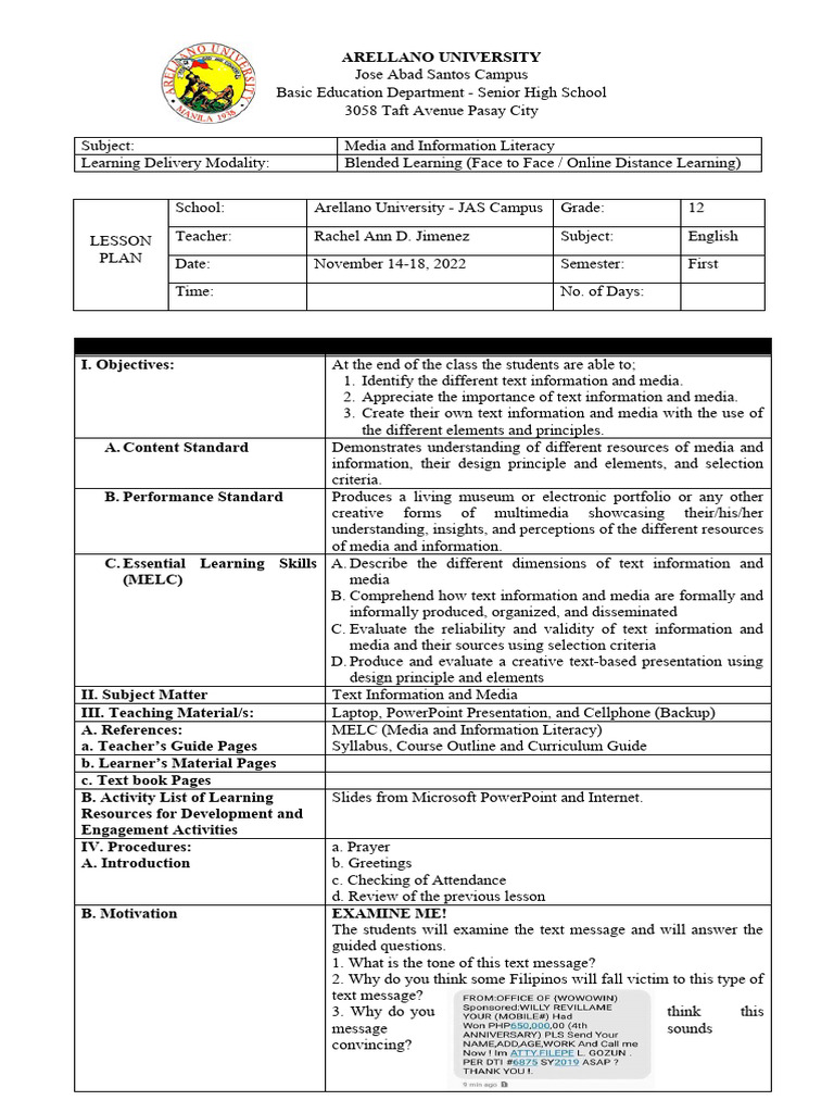 Senior High School Media Literacy Lesson Plan | PDF | Information ...