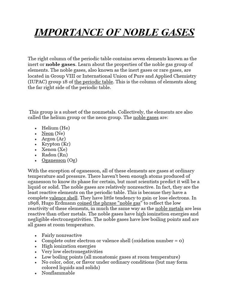 Significance and Uses of Noble Gases | PDF | Industrial Gases ...