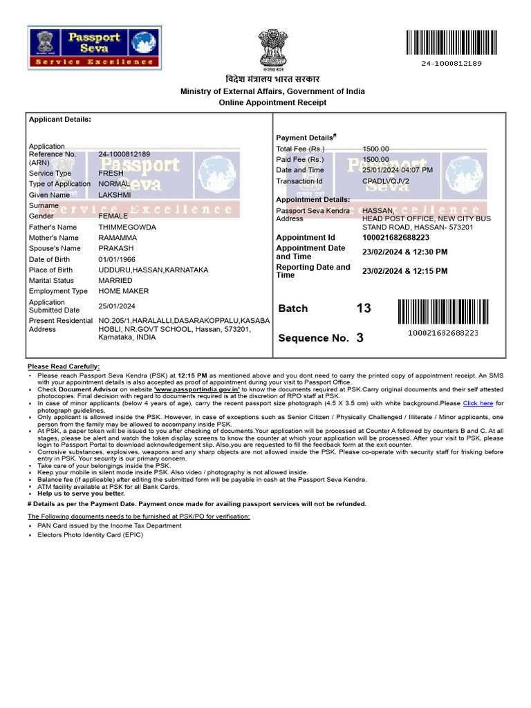 Appointment Receipt. Lakshmi | PDF | Identity Document | Birth Certificate