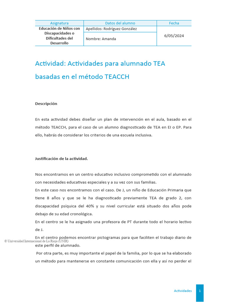 Actividad Aslumno TEA Basada en El Método TEACCH | PDF | Aprendizaje ...