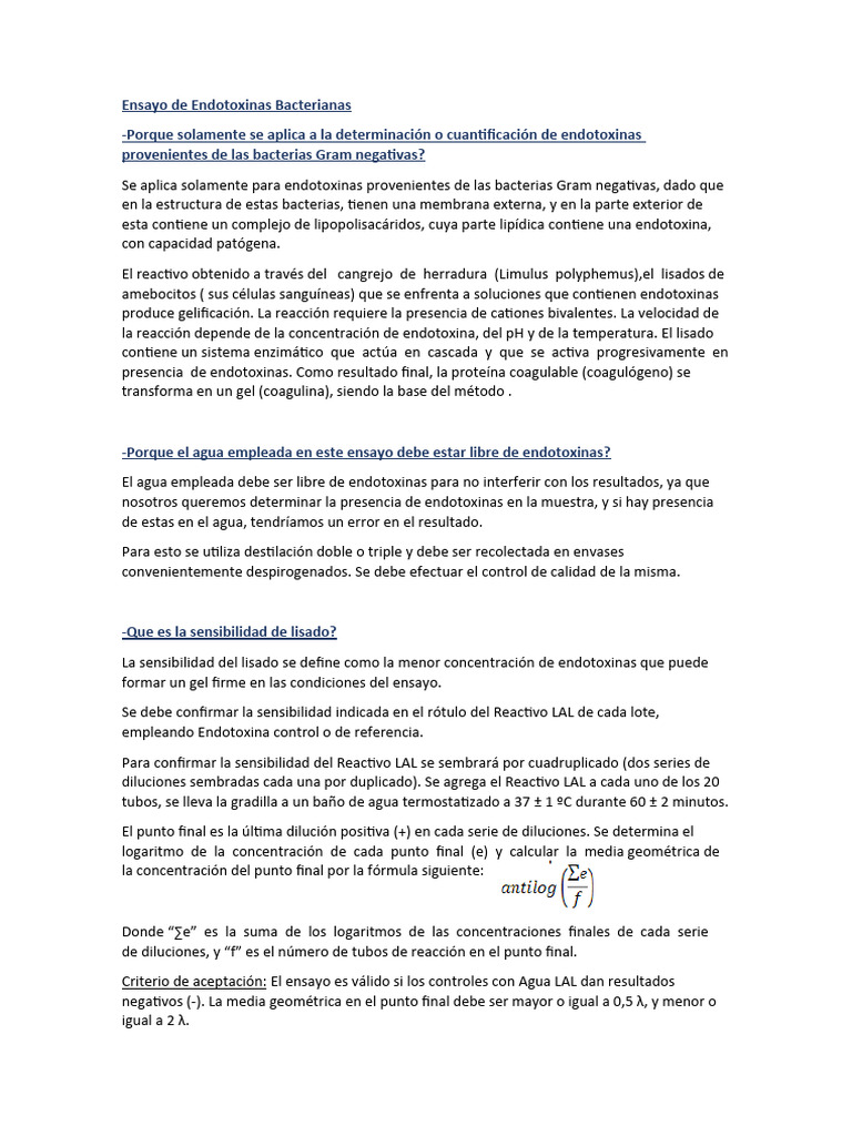 Ensayo de Endotoxinas Bacterianas | PDF | Lipopolisacárido | Las bacterias