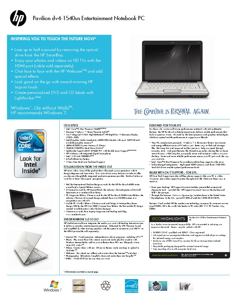 Pavilion Dv4-1540us Entertainment Notebook PC: Windows - Life Without ...