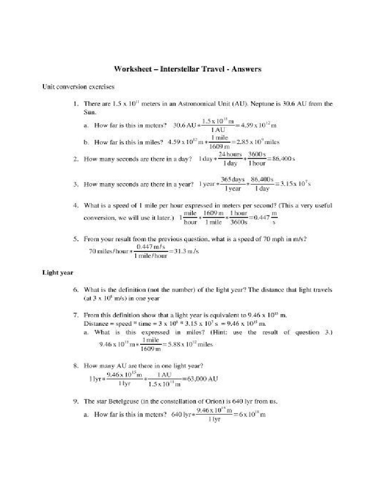Worksheet A Interstellar Travel Answers Physics | PDF