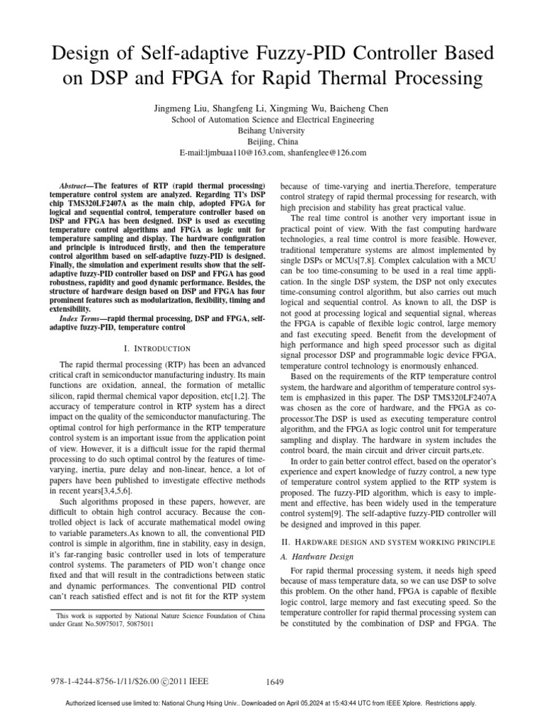 Design Of Self Adaptive Fuzzy Pid Controller Based On Dsp And Fpga For Rapid Thermal Processing