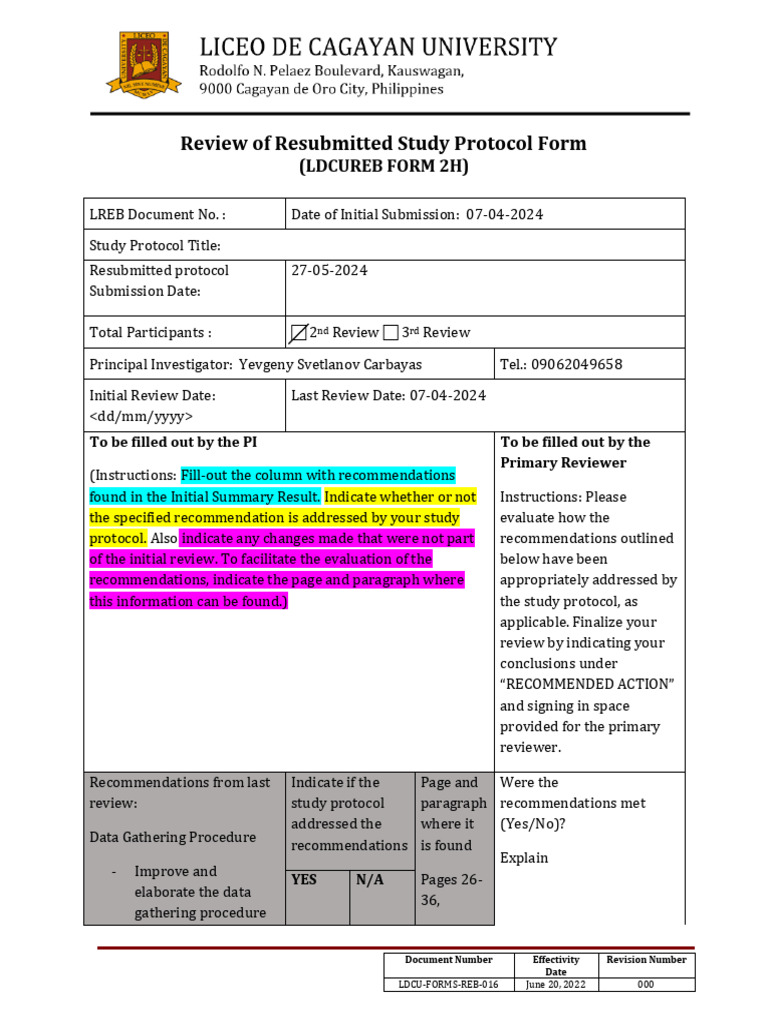 LDCU-ForMS-REB-016 Review of Resubmitted Protocol Form - 2H | PDF ...