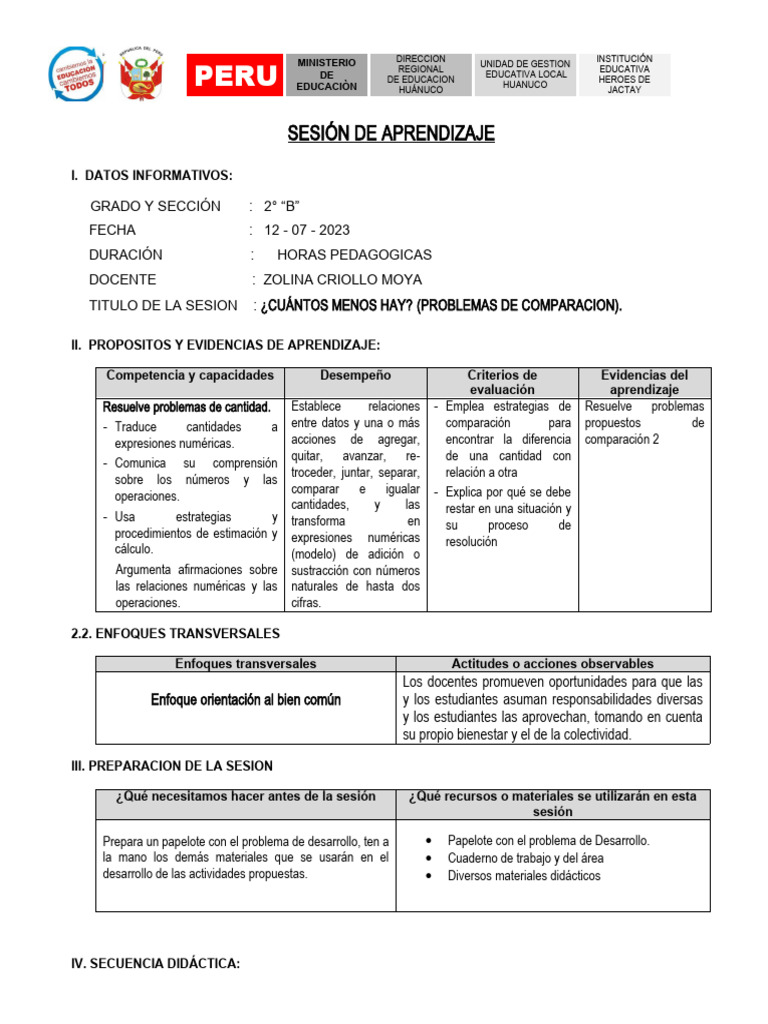 SESIÓN DE APRENDIZAJE Matematica 12-07-23 | PDF | Aprendizaje | Cognición