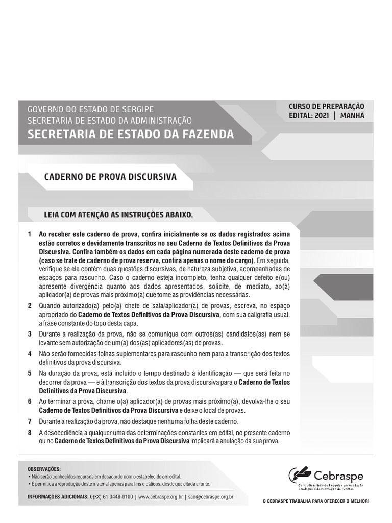 Instruções para Prova Discursiva 2021 | PDF | Despesa
