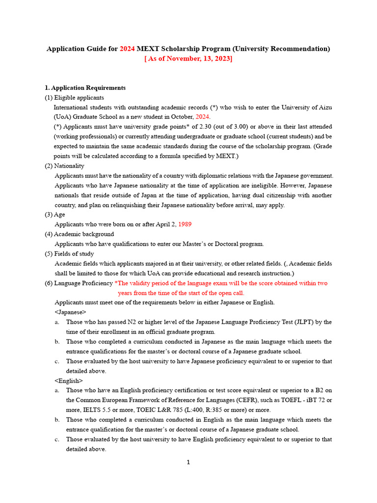 2024 MEXT Scholarship Application Guide | PDF