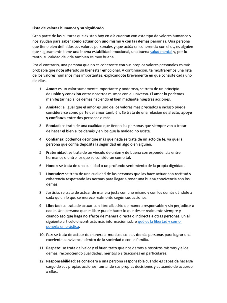Lista de valores humanos y su significado | PDF | Amor | Psicología Social