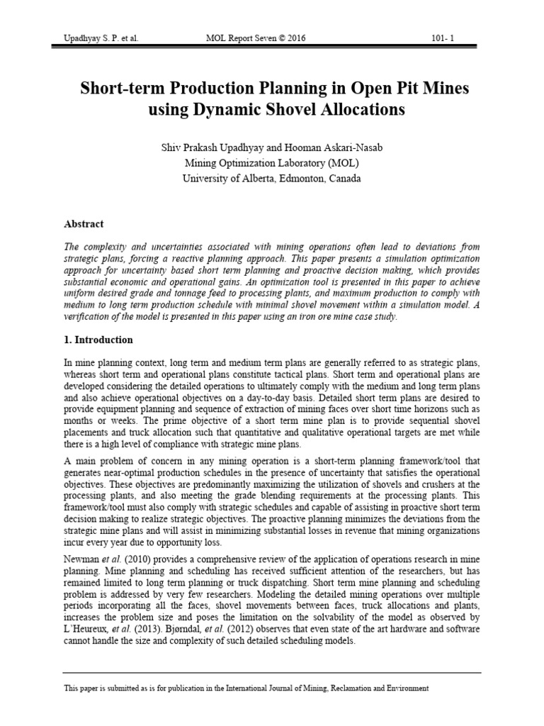 Short-Term Production Planning in Open Pit Mines Using Dynamic Shovel Allocations | PDF ...