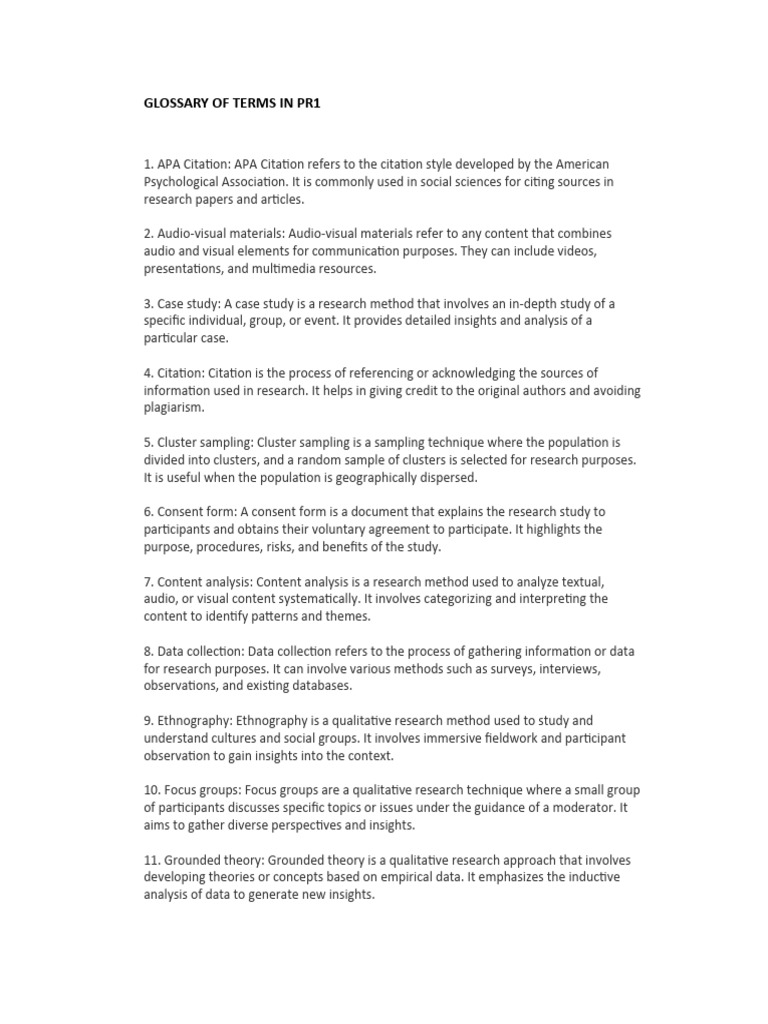 Glossary of Terms in PR1 | PDF | Methodology | Qualitative Research