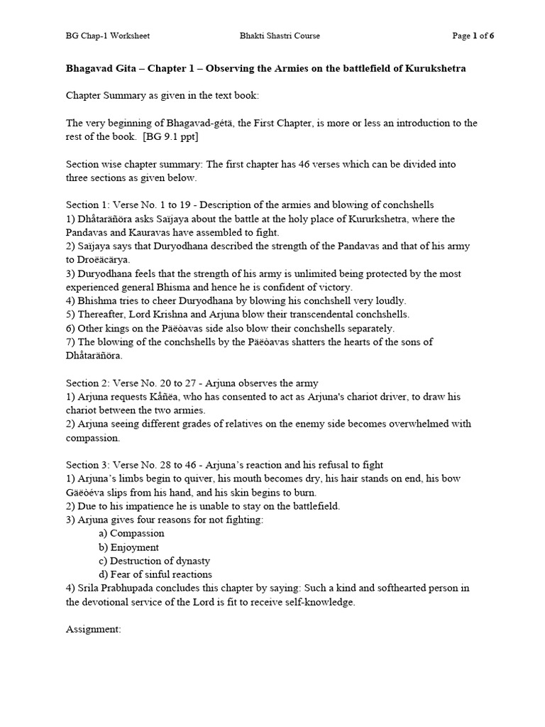 BG_01_worksheet(instructor)-1 | PDF | Mahabharata | Vaishnava Texts