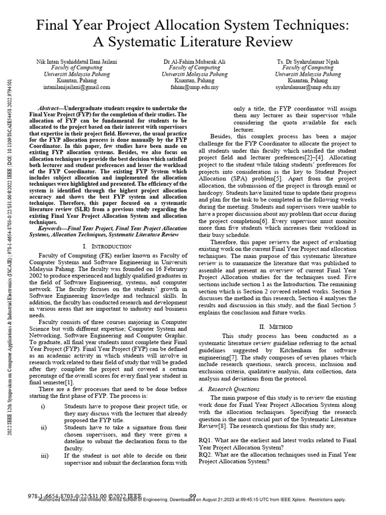Final Year Project Allocation System Techniques A Systematic Literature Review | PDF ...