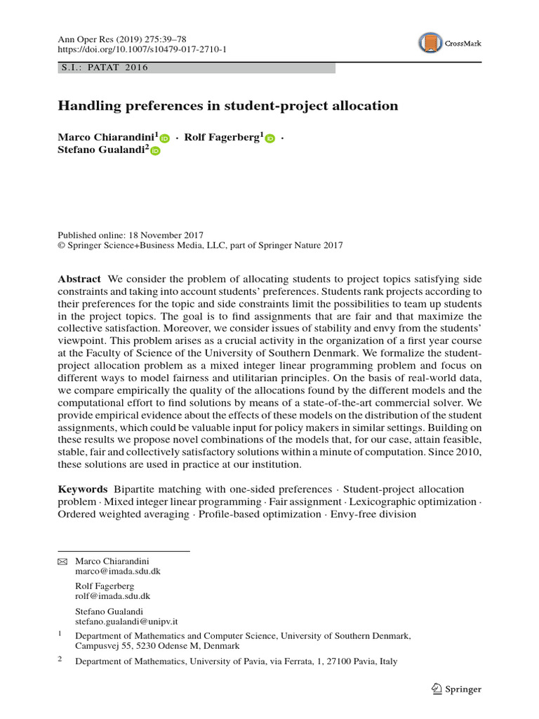 Handling Preferences in Student-Project Allocation | PDF | Linear Programming | Mathematical ...