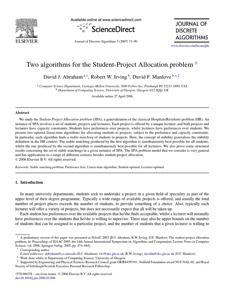 Two Algorithms For The Student-Project Allocation Problem | PDF ...