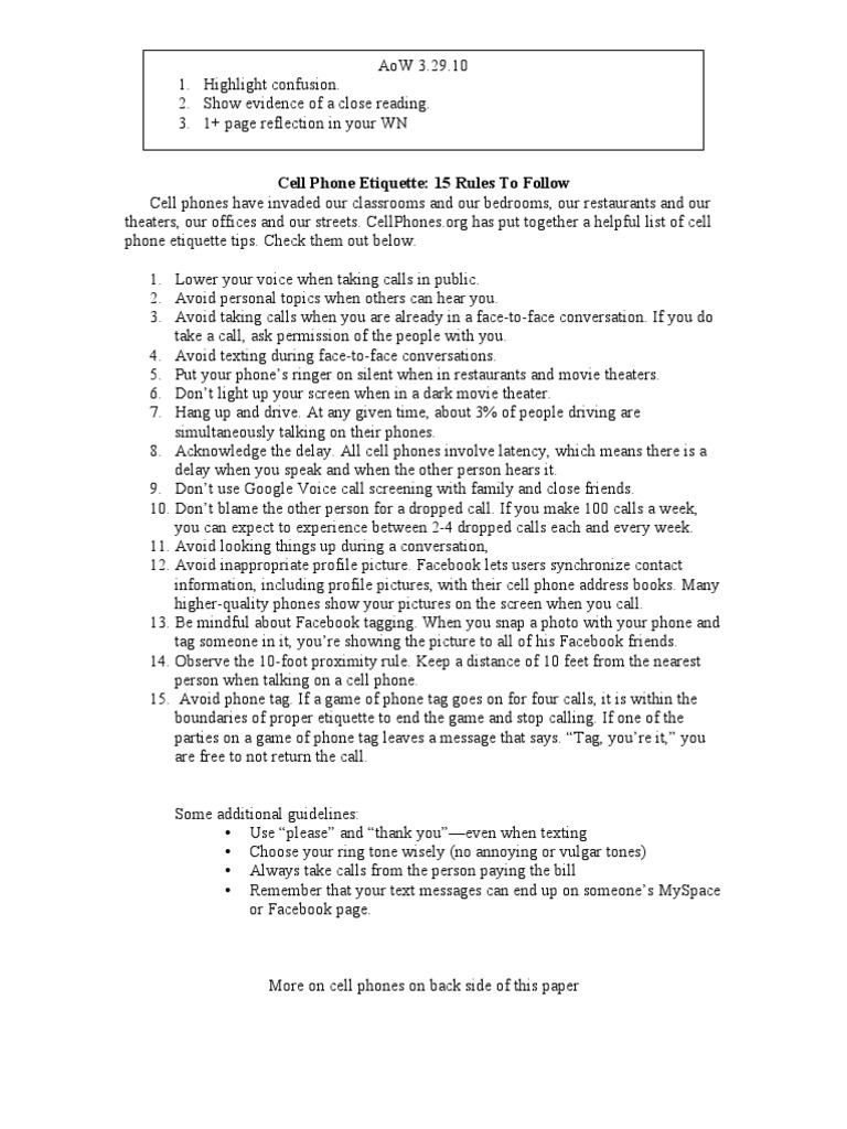 Cell Phone Etiquette: 15 Essential Rules | PDF | Mobile Phones | Text ...