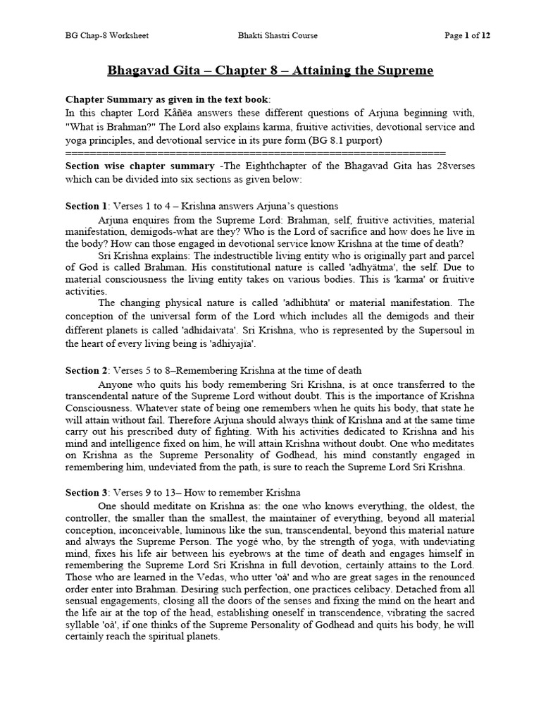 BG 08 Worksheet (Instructor) | PDF | Bhagavad Gita | Brahman