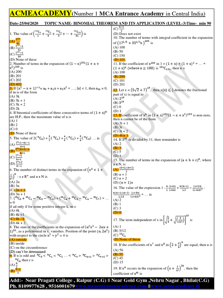 NIMCET Binomial theorem | Download Free PDF | Mathematics Of Computing | Discrete Mathematics