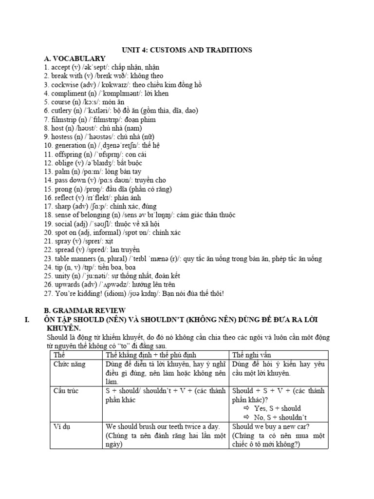 8.unit 4 - CUSTOMS AND TRADITIONS | PDF