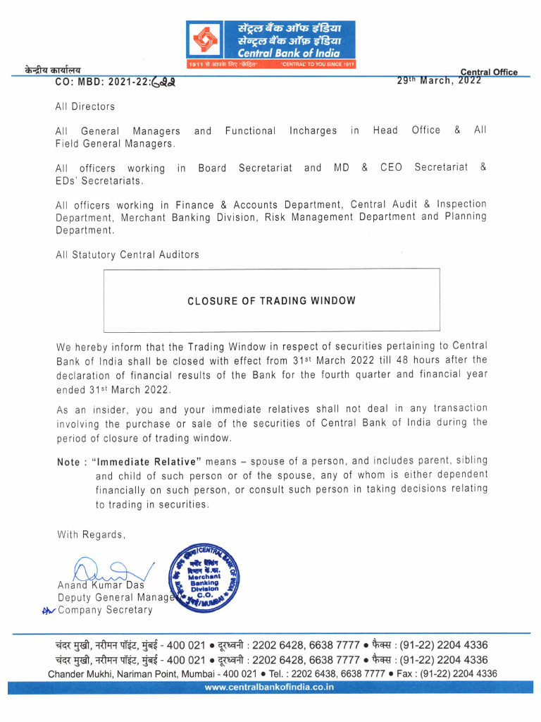 Trading Window Closure Notice | PDF | Economies | Corporations