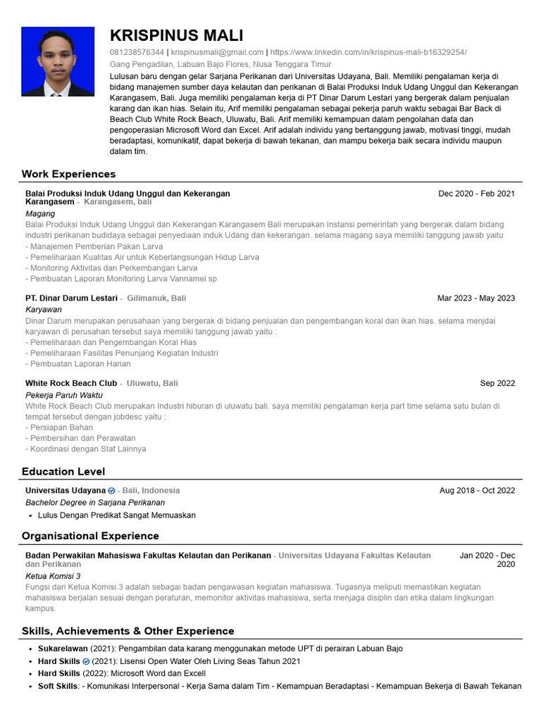Resume CV - Krispinus Arif Sinaga Mali (BAHASA INDONESIA) | PDF
