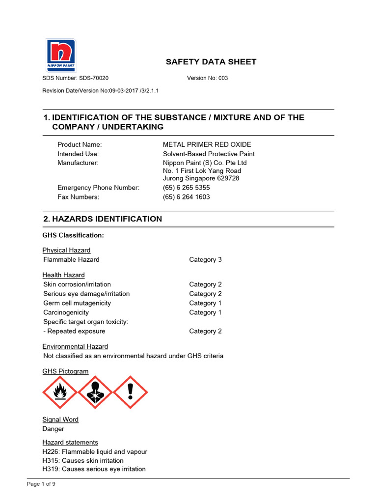 Metal Primer Red Oxide Safety Data Sheet | PDF | Dangerous Goods | Safety