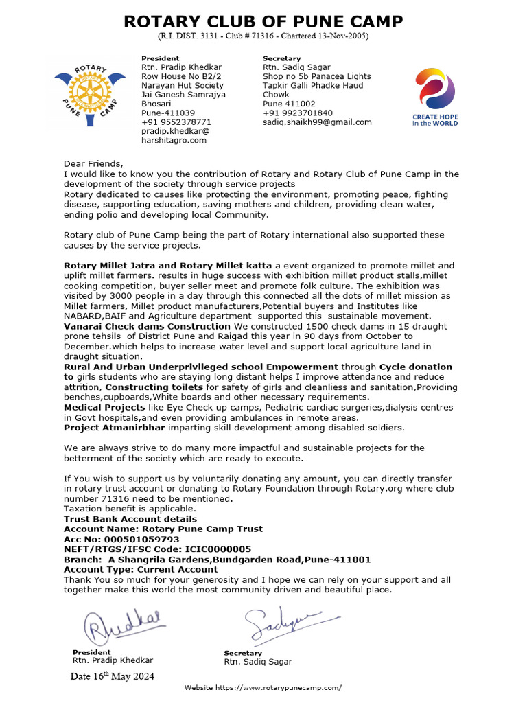 Appeal letter for Conribution in Rotary Projects | PDF