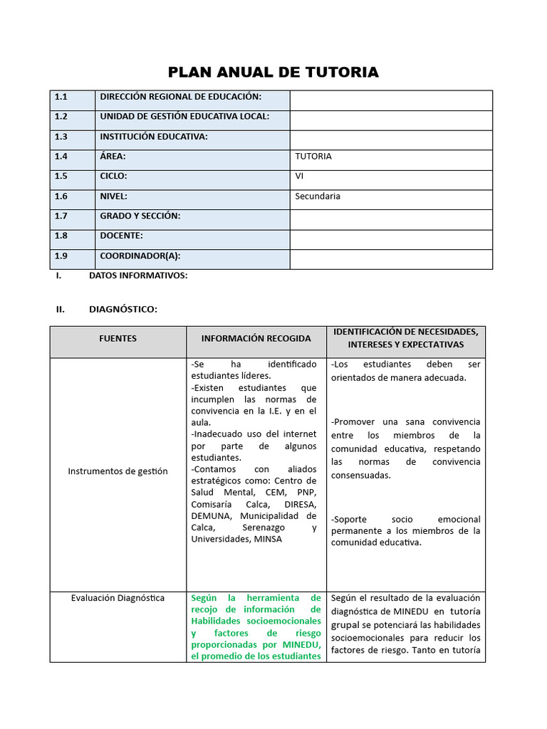 Plan Tutorial de Aula 2024 Propuesta 1 | PDF | Salón de clases | Las emociones