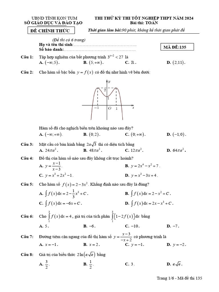 De Thi Thu Tot Nghiep THPT Nam 2024 Mon Toan So GDDT Kon Tum | PDF