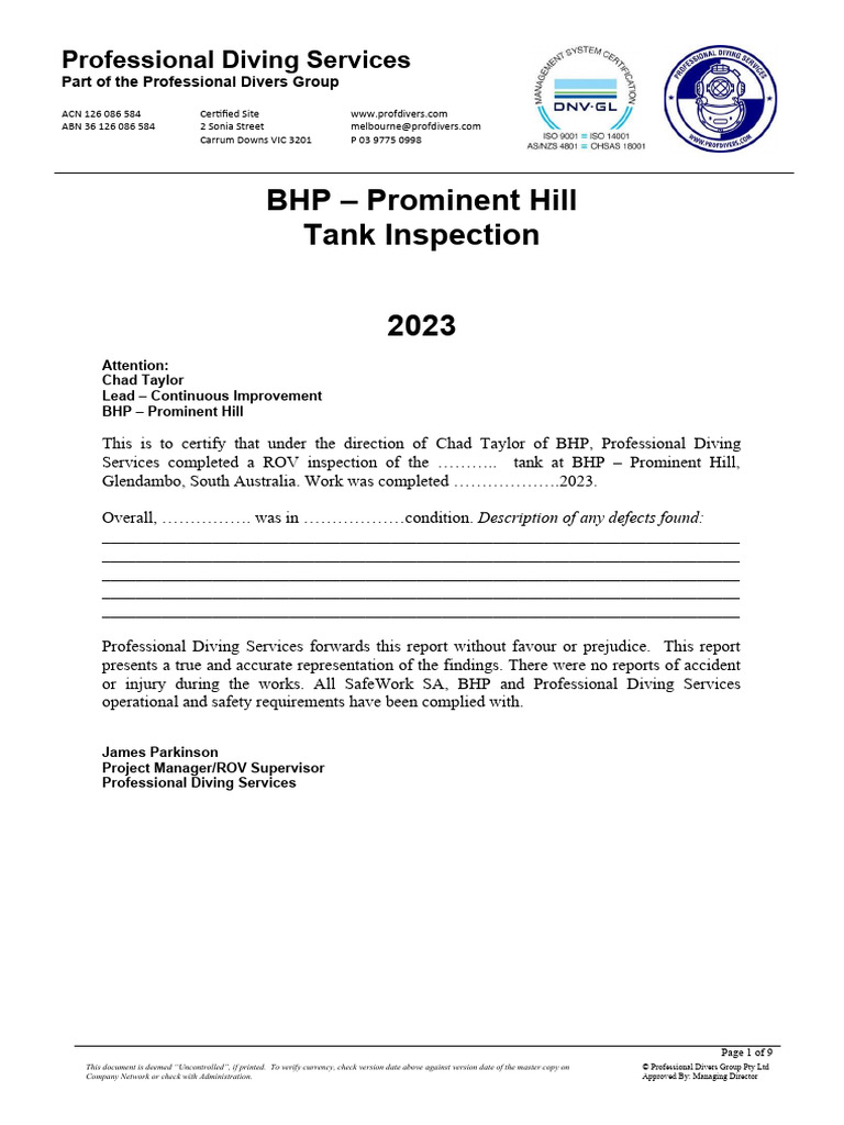J_ROV Inspection Template - BHP_Prominent Hill - v1_2023 | PDF ...