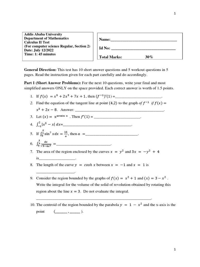 Calculus 2 Test 1 | PDF | Integral | Tangent