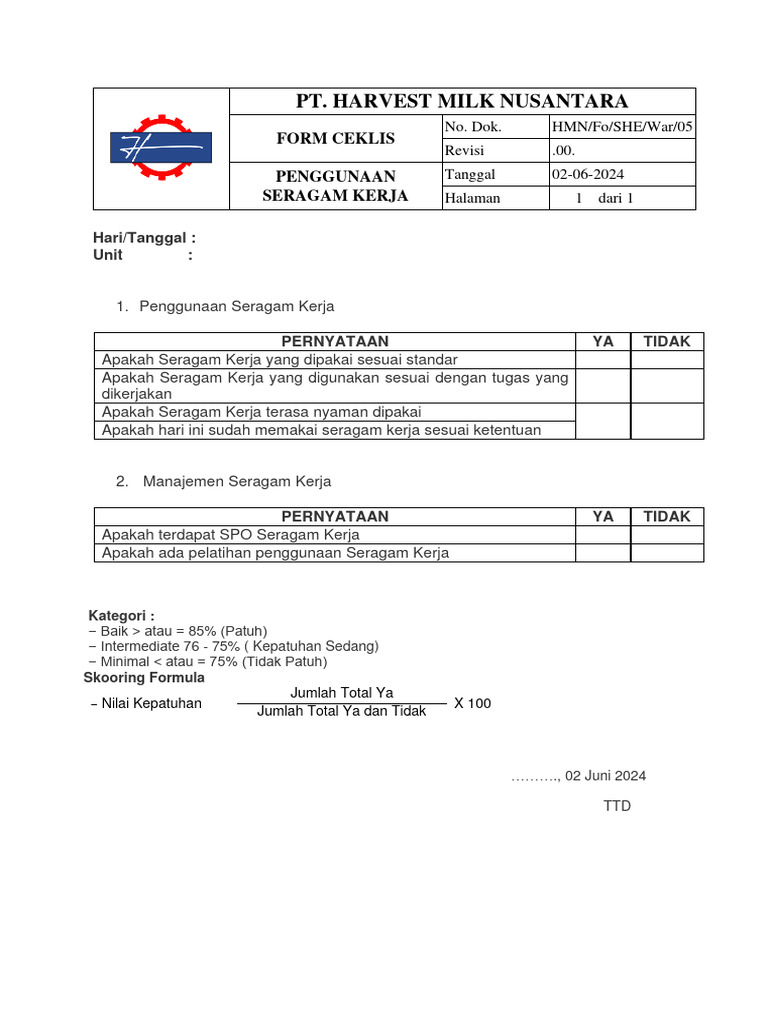 Form Ceklist Penggunaan Seragam Kerja | PDF