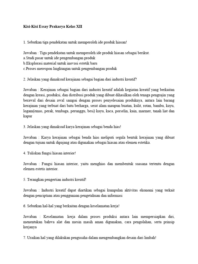 Contoh Soal Essay Prakarya Kelas XII | PDF