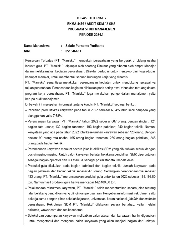 Jawaban Tugas 2_Audit SDM_Saktio Purnomo Y 051346483 | PDF