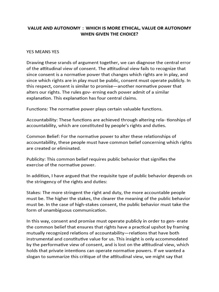 Value and Autonomy - Essay | PDF | Choice | Informed Consent